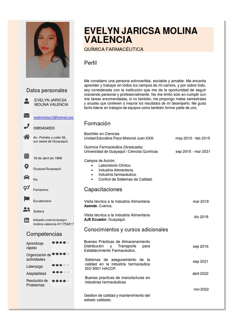 CV - Evelyn Molina 2022 QF | PDF | Farmacéutico | Sangre