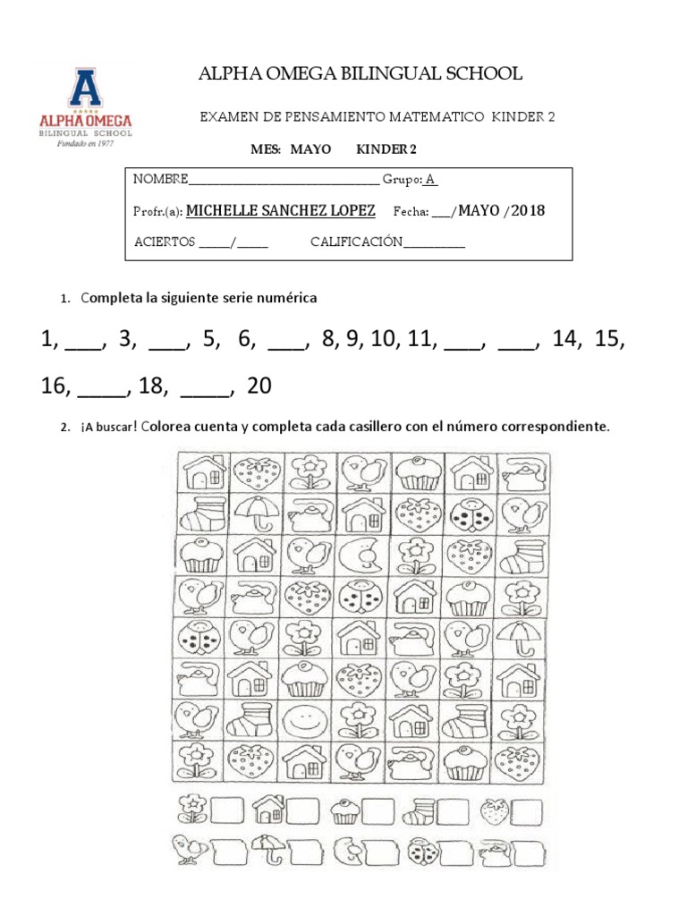 Examen de Matemáticas Kinder 2 | PDF
