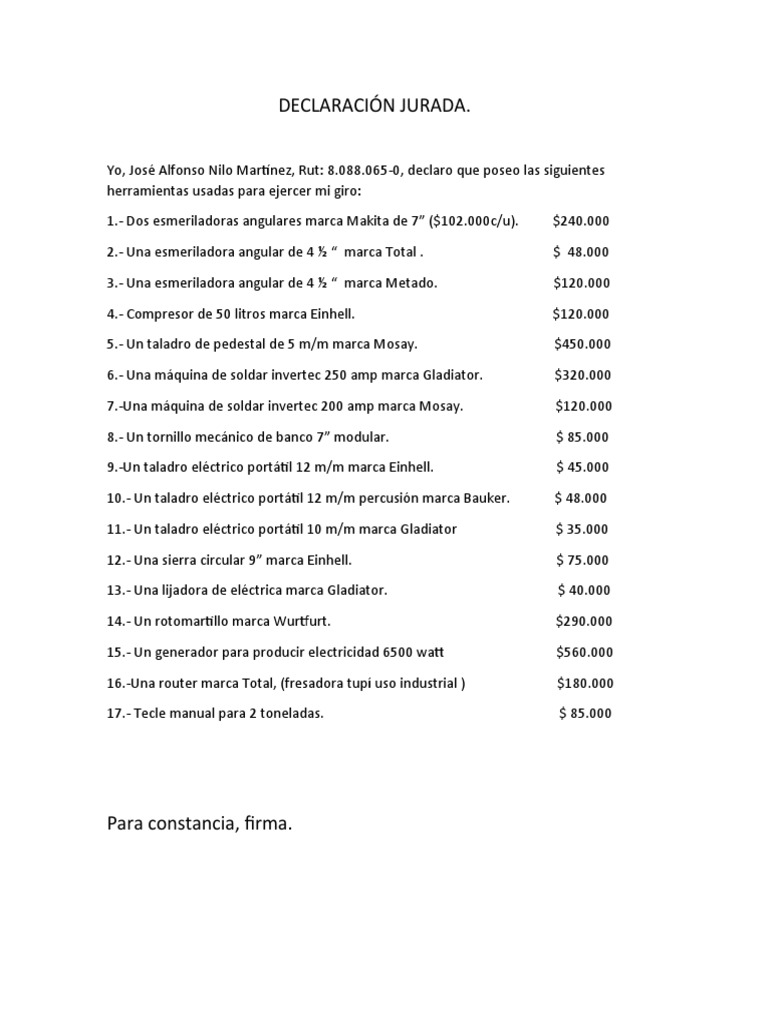 DECLARACIÓN JURADA Herramientas | PDF