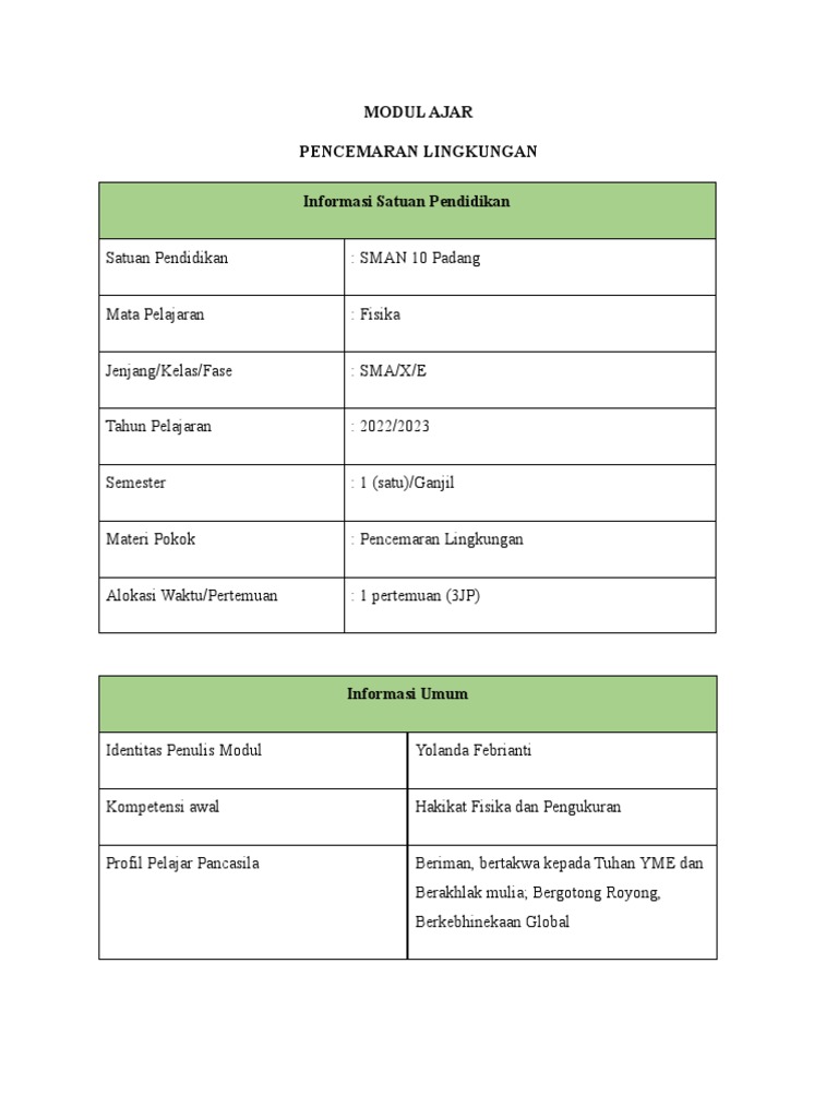 MODUL AJAR YOLANDA-PENCEMARAN LINGKUNGAN - Docx (1) | PDF