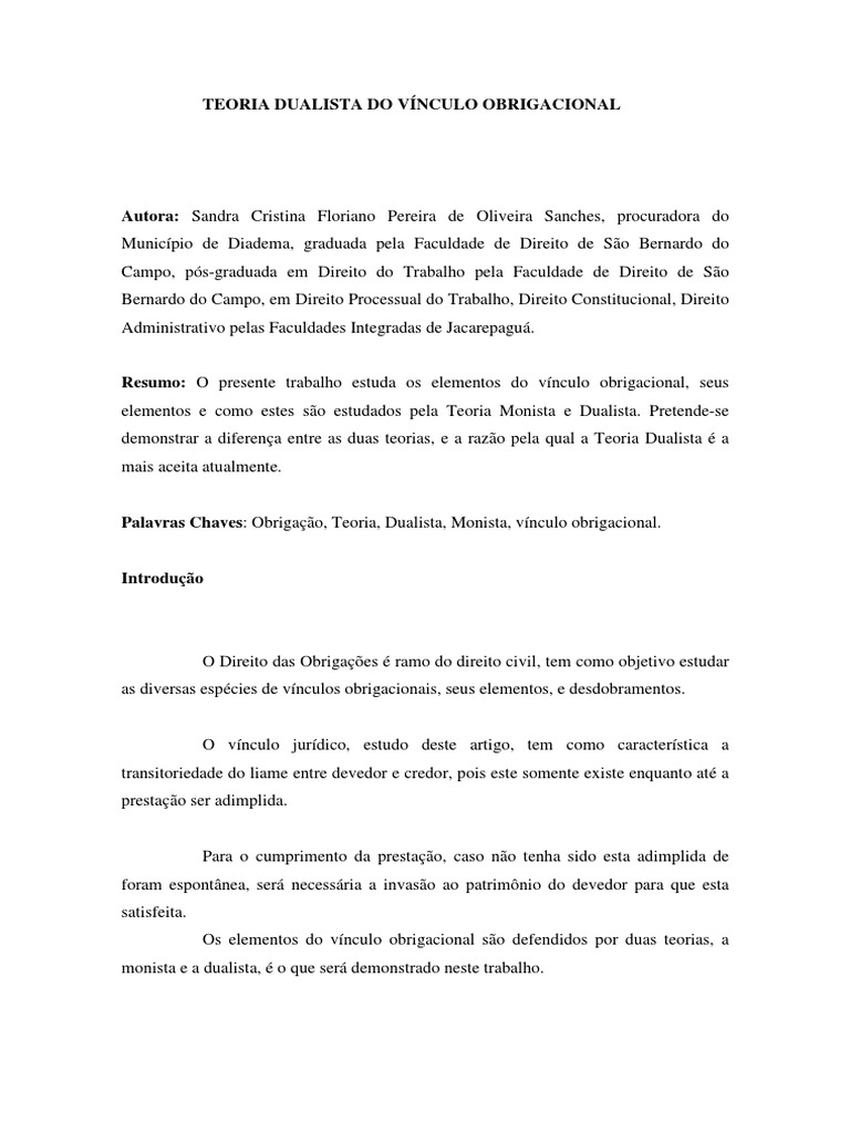 OBRIGAÇÃO TEORIA DUALISTA MONISTA | PDF