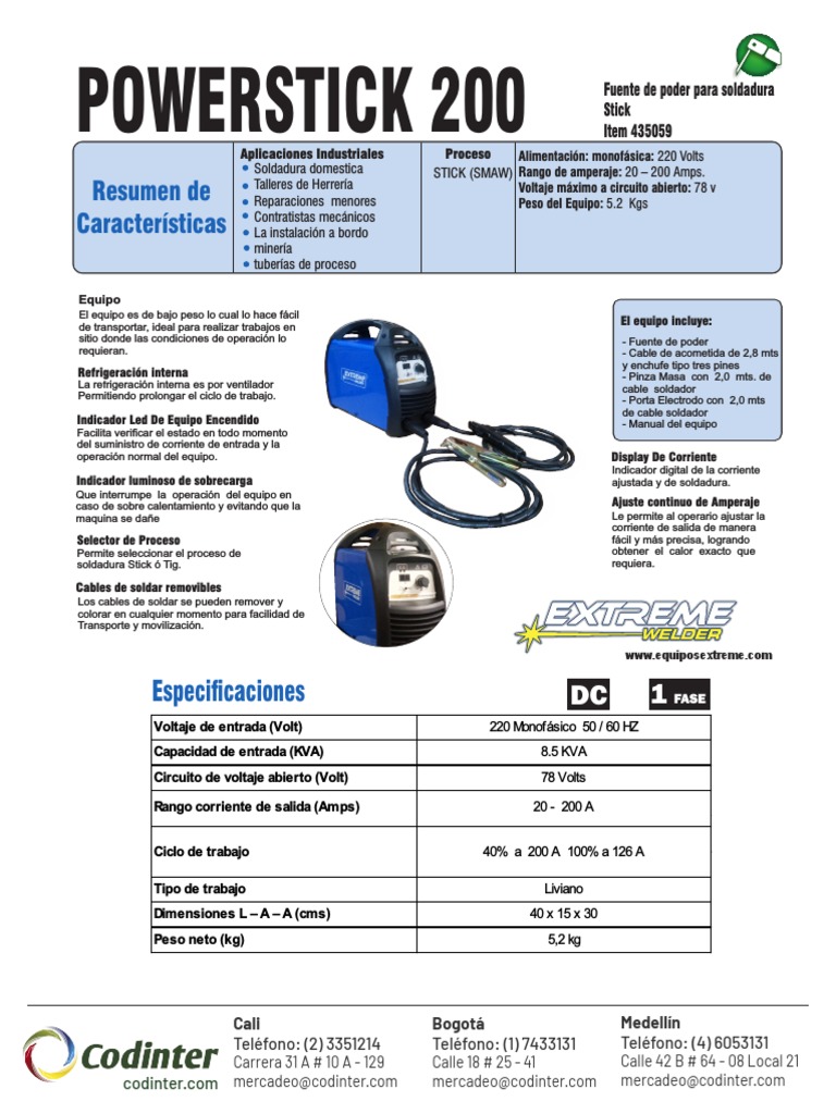 Ficha Tecnica Maquina Soldar Extreme Powerstick 200 Co | PDF