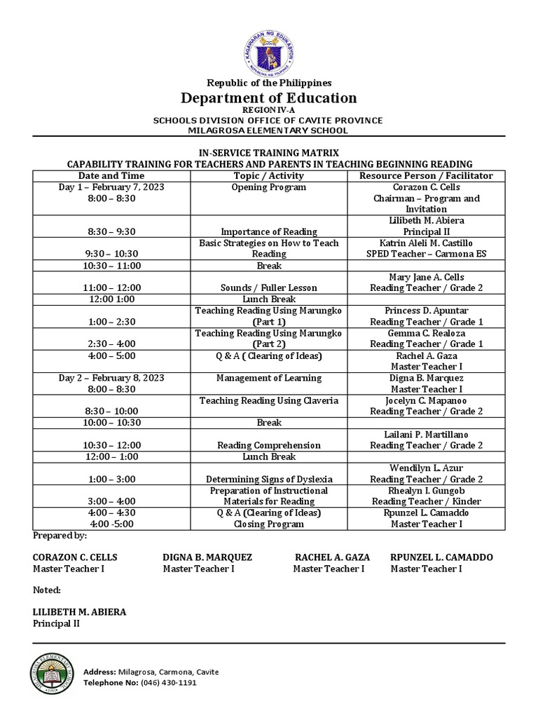 Training Matrix INSET | PDF | Teachers | Linguistics