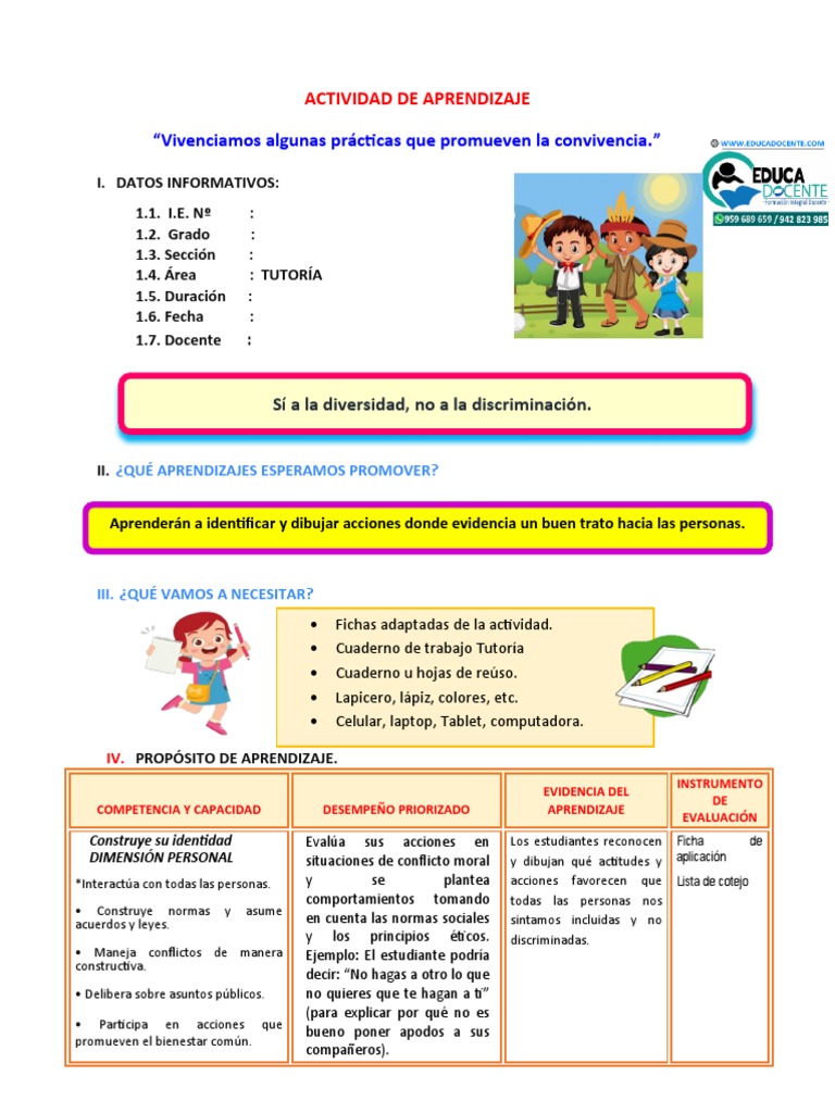 DIA 5 SESION DE APRENDIZAJE Sí A La Diversidad, No A La Discriminación. | PDF | Evaluación ...