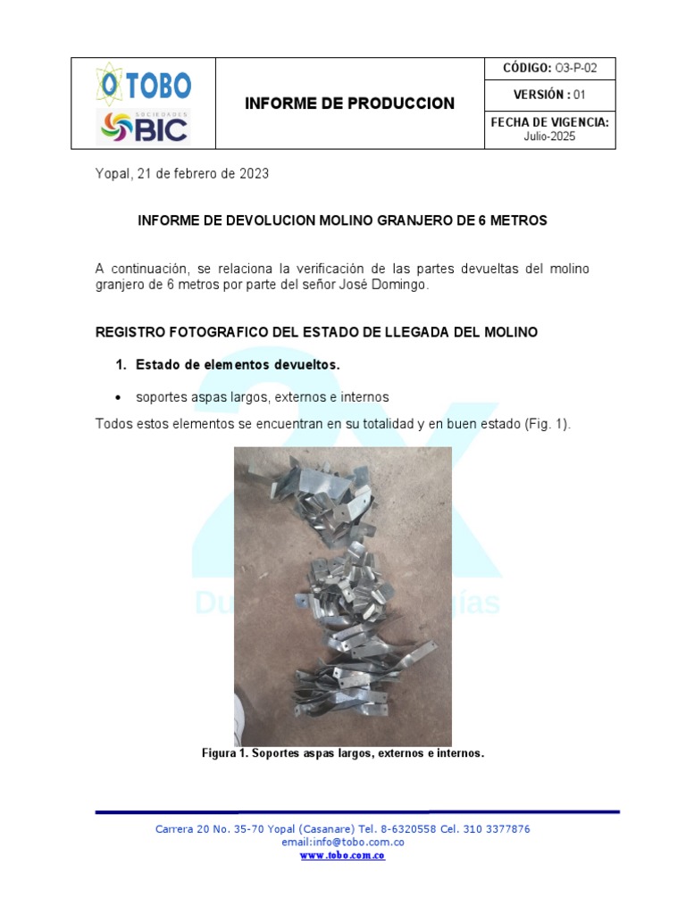 Informe Devolución de Molino | PDF | Tornillo | Equipo