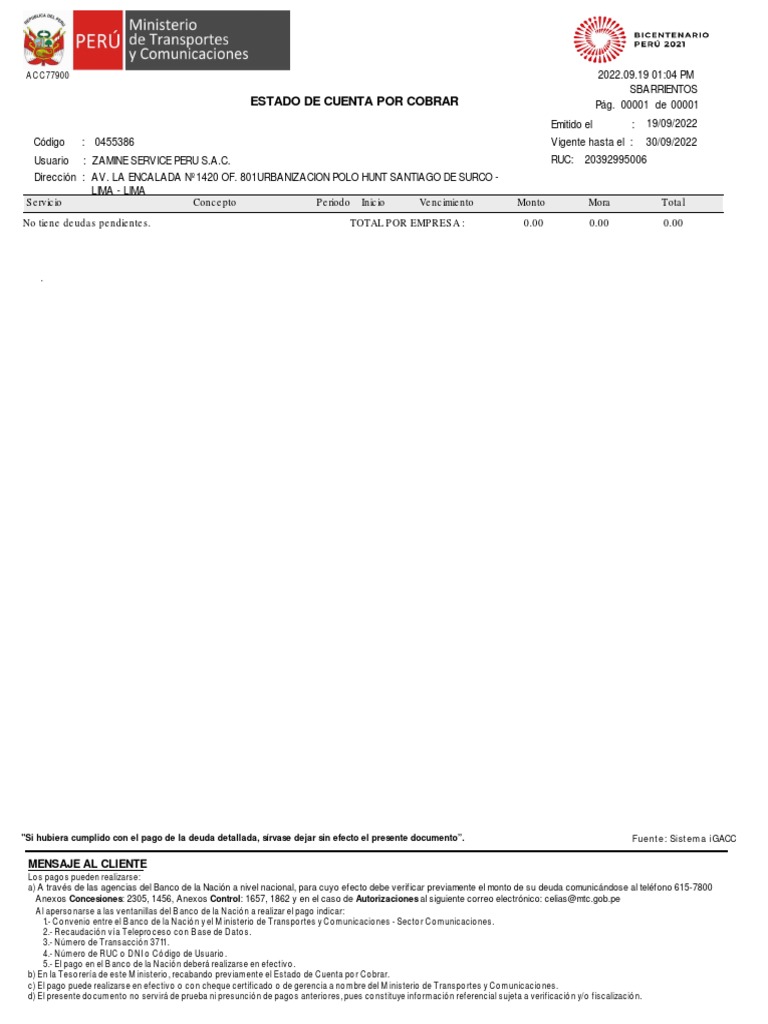 Zamine Service Peru S.a.c.1 | PDF | Bancos | Industrias de servicio