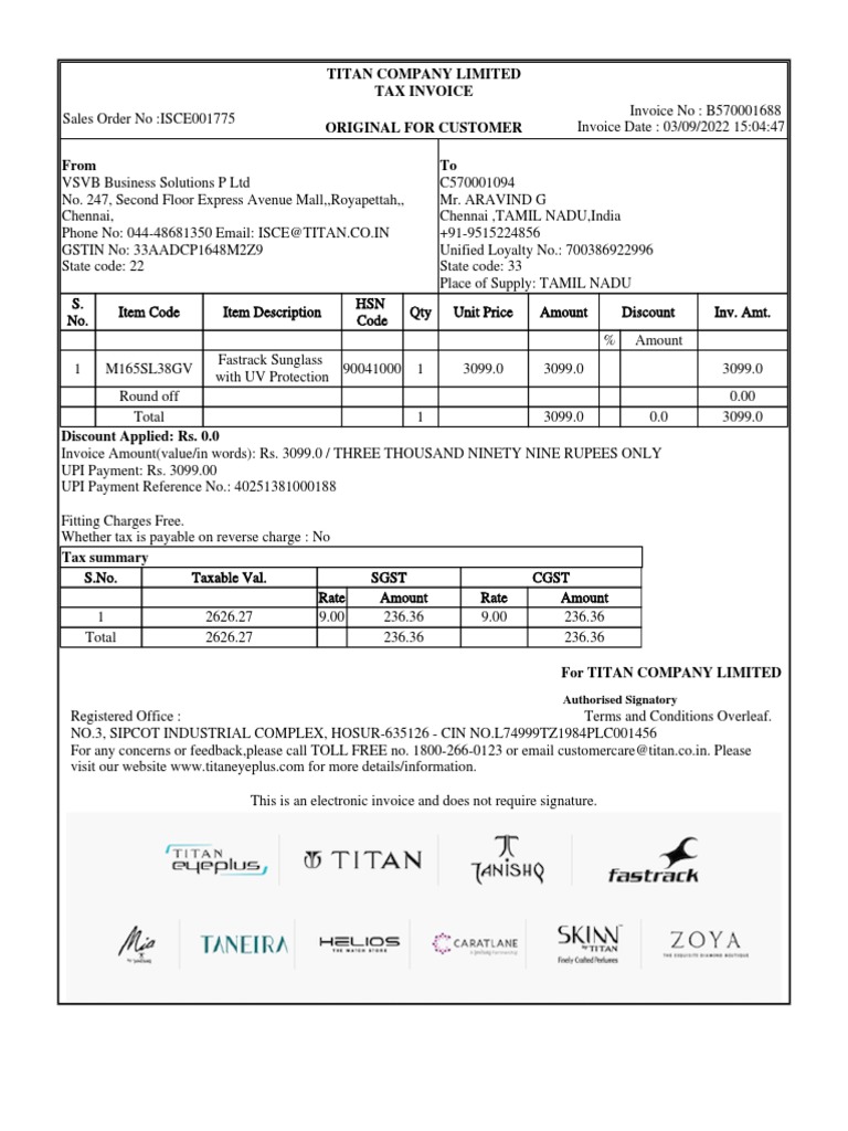 Titan Watch Invoice Details | PDF | Invoice | Glasses