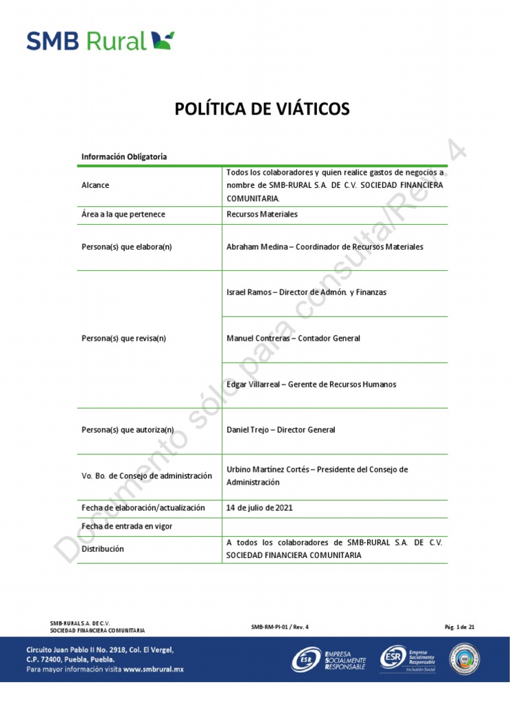 SMB-RM-PI-01 Política de Viáticos - r4 | PDF | Contabilidad | Transporte