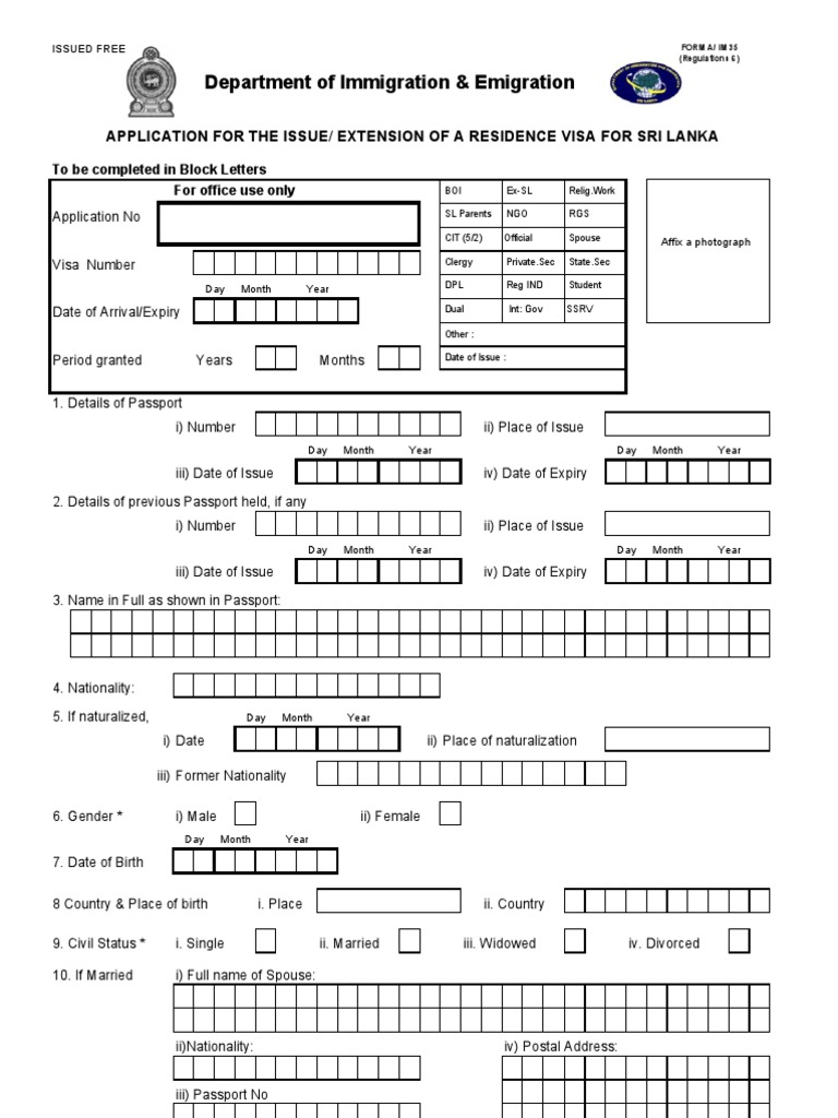 Sri Lanka Residence Visa Application Form | PDF
