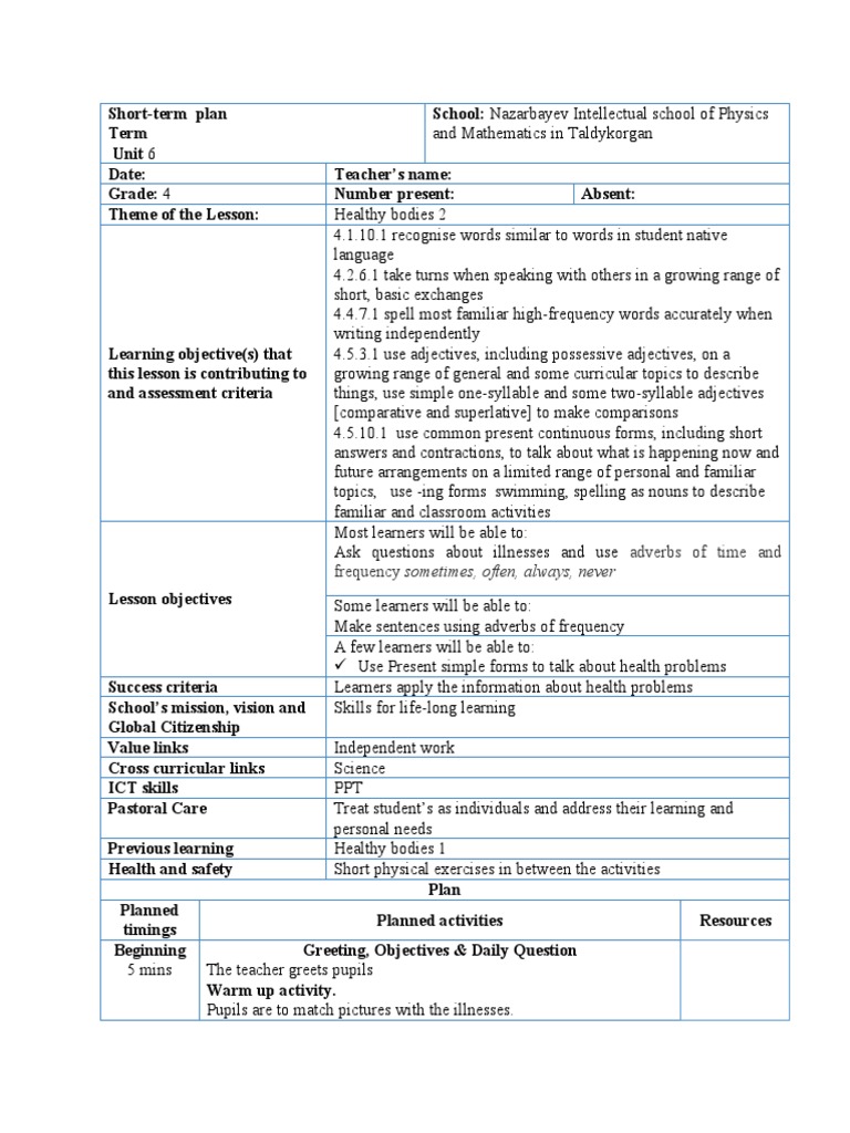 English Grade 4. Unit 6 Healthy World LP 3 | PDF | Learning | Adjective