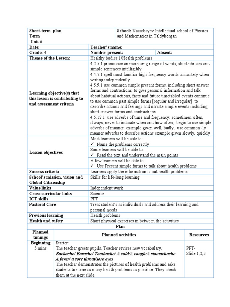 English Grade 4 Unit 6 Healthy World Lp 2 Pdf Learning Adverb