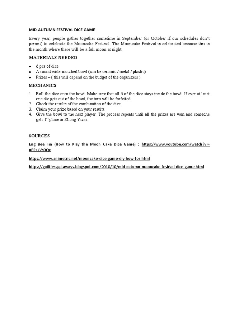 Mid Autumn Festival Dice Game | PDF