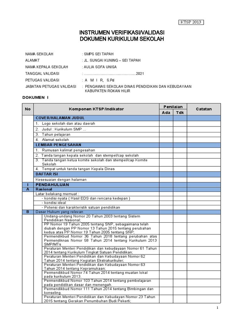 LEMBAR VALIDASI KTSP 2013 (Revisi) | PDF
