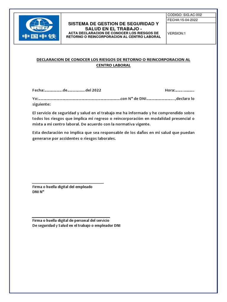 Declaracion de Conocer Los Riesgos de Retorno o Reincorporacion Al Centro Laboral PDF | PDF