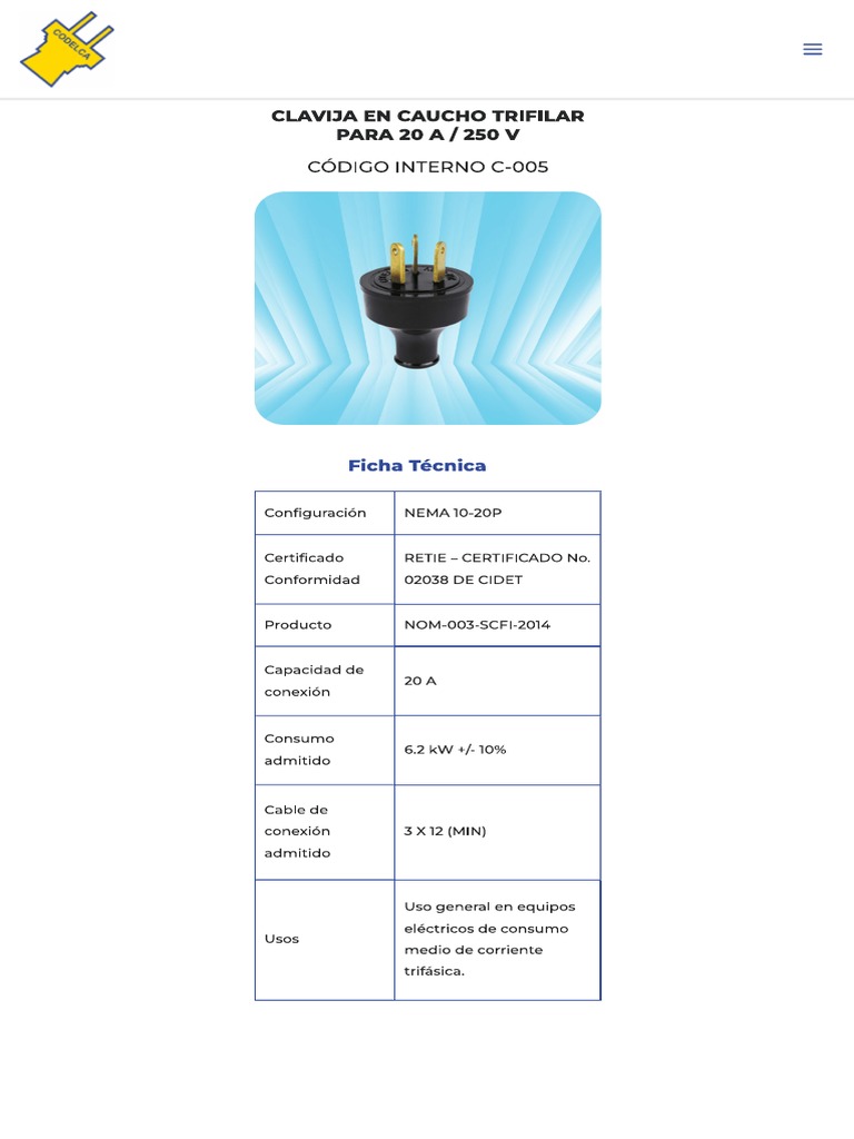 13-4058-ENCHUFE 3x20AMP-250V CODELCA C-005CAUCHO | PDF