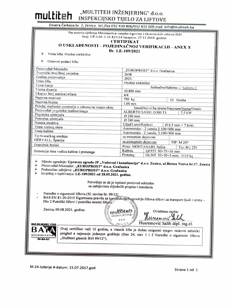 Certifikat o Uskladjenosti - Lift | PDF