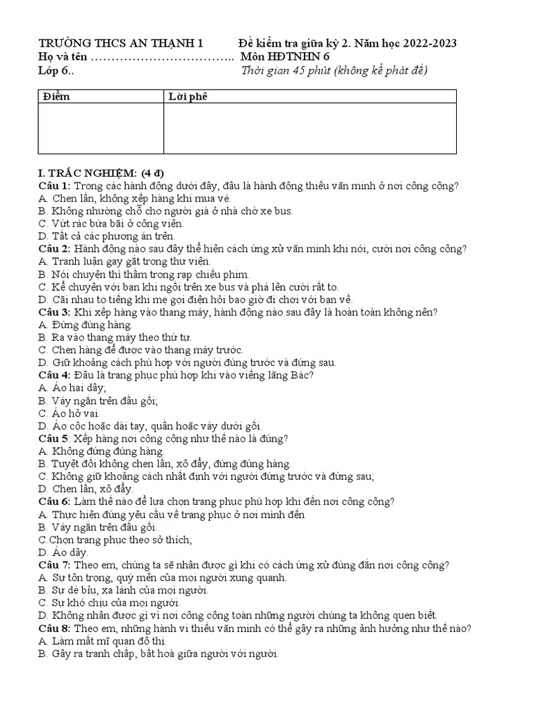 De Kiem Tra Giua Ky 2 HDTNHN 6 | PDF