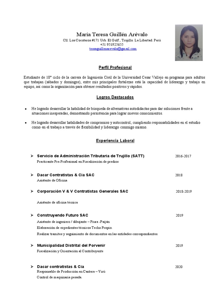 CV - María Teresa Guillén Arévalo | PDF | Perú | Ingeniero civil