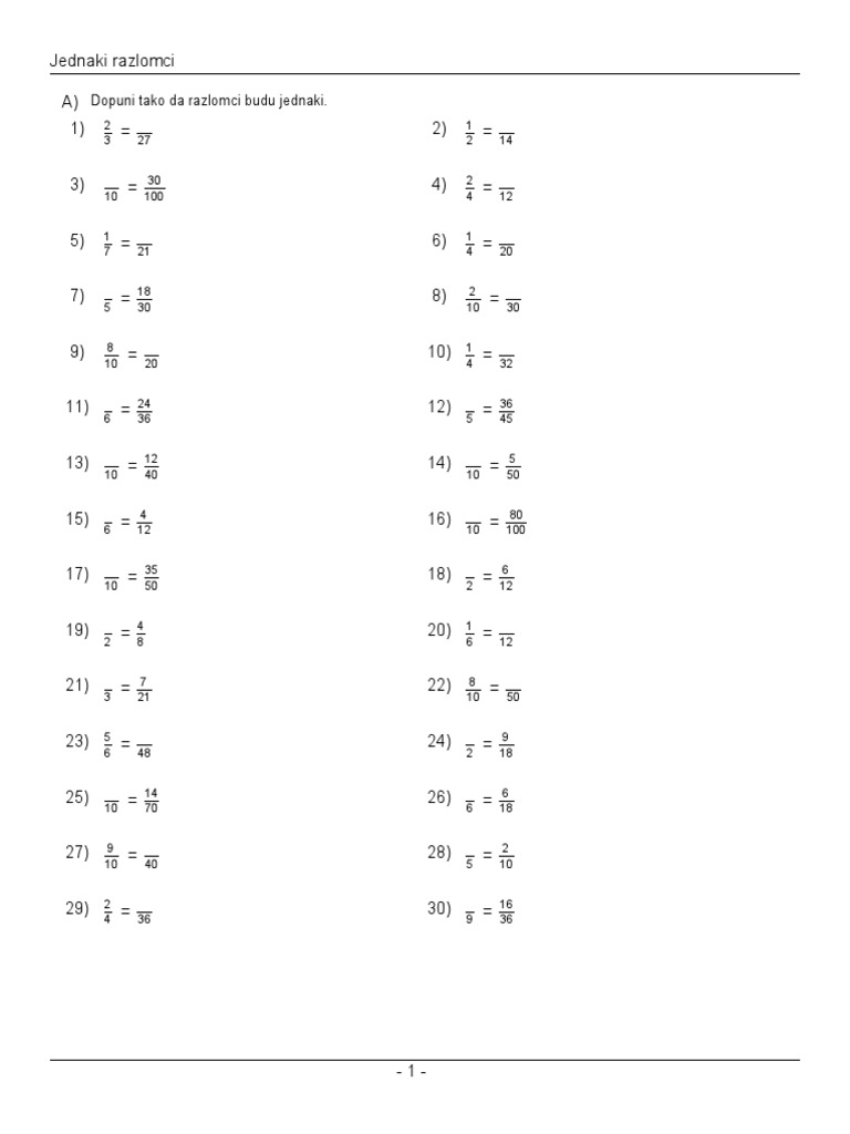 20a. Jednaki Razlomci - Zadaci | PDF
