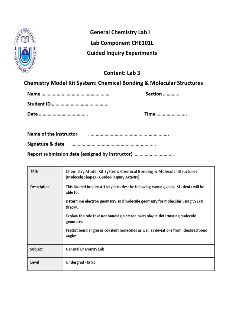 CHE101L - Spring23 - Lab2 - Chemistry Model Kit System - Chemical Bonding & Molecular Structures ...