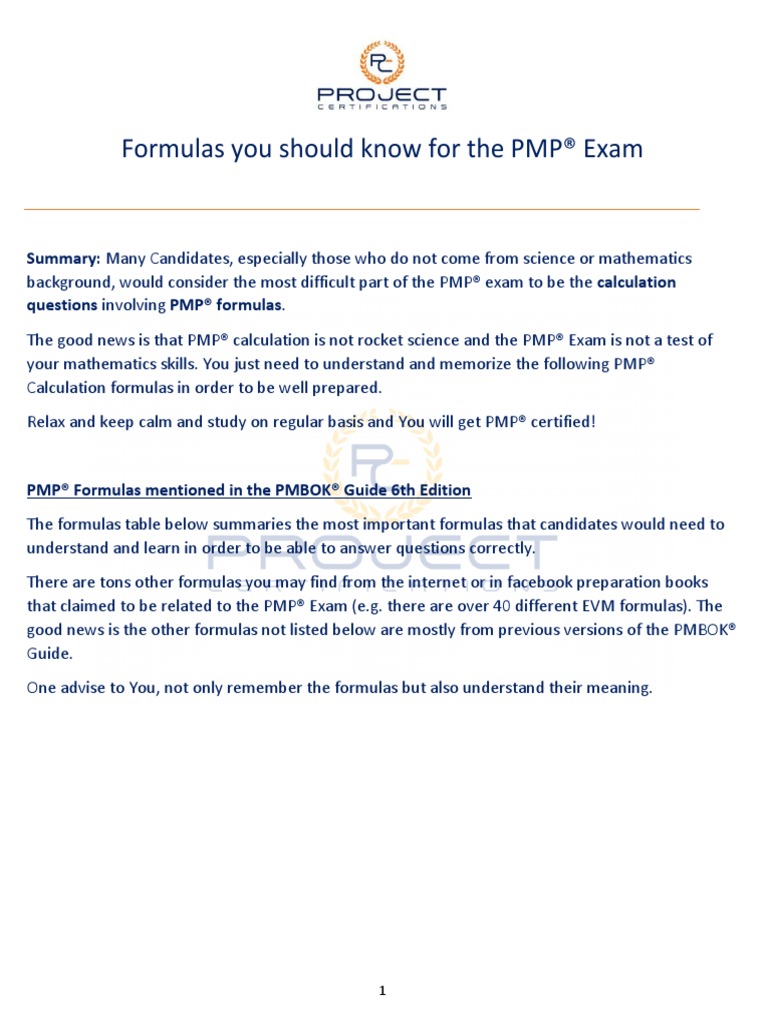 Formulas To Pass PMP Exam PDF | PDF