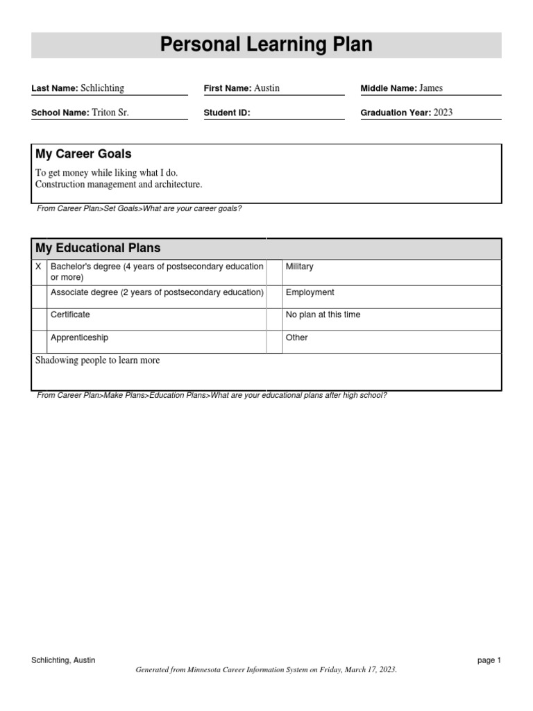 Personal Learning Plan 1 | PDF | Mathematics