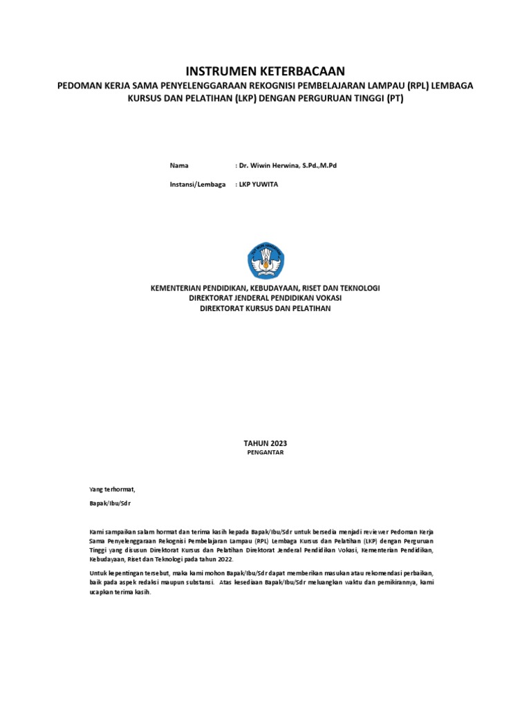 Instrumen Keterbacaan Pedoman RPL (2) - Hendra Yuda | PDF