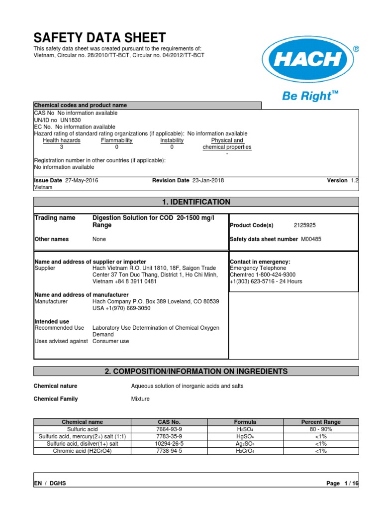 Digestion Solution for COD Safety Data Sheet | PDF | Toxicity ...