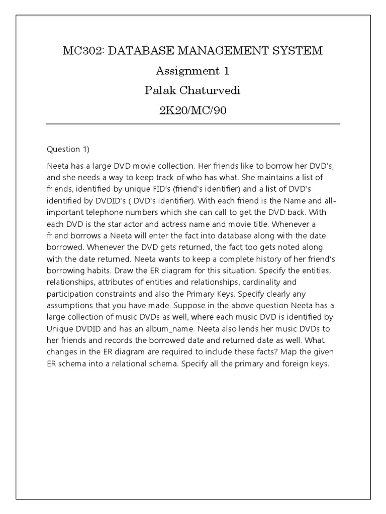 Palak Chaturvedi 2K20MC90 Assignment 1 | PDF | Databases | Relational Database