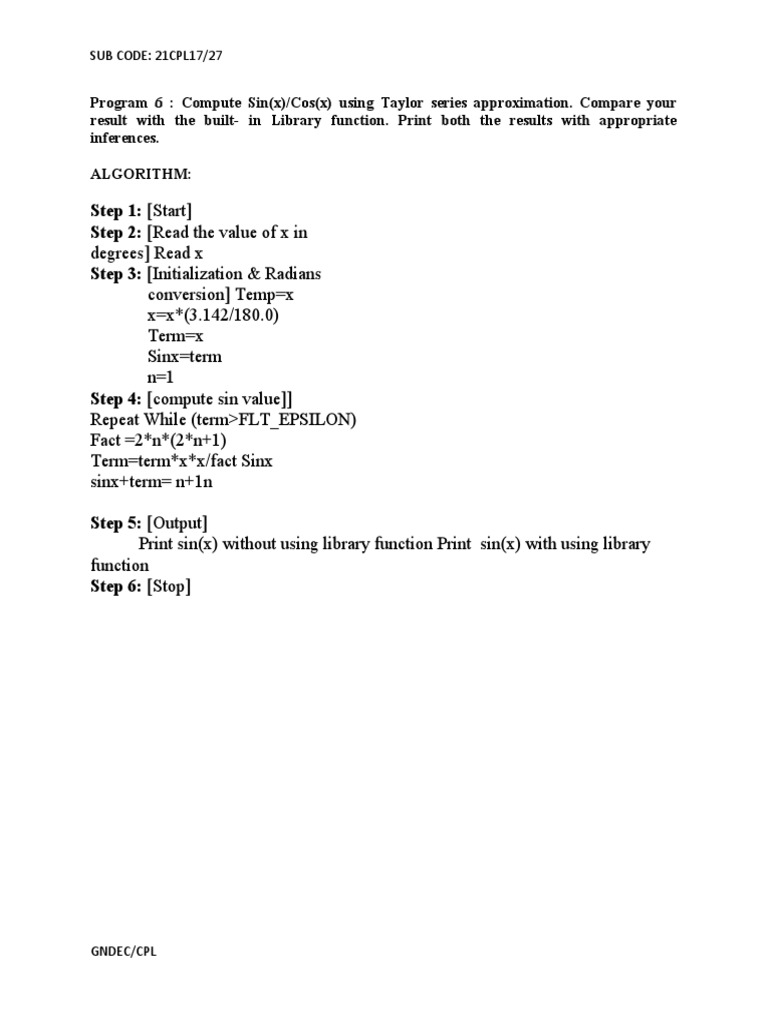 Step 1: (Start) Step 2: (Read The Value of X in Step 3: (Initialization & Radians | PDF | Computers