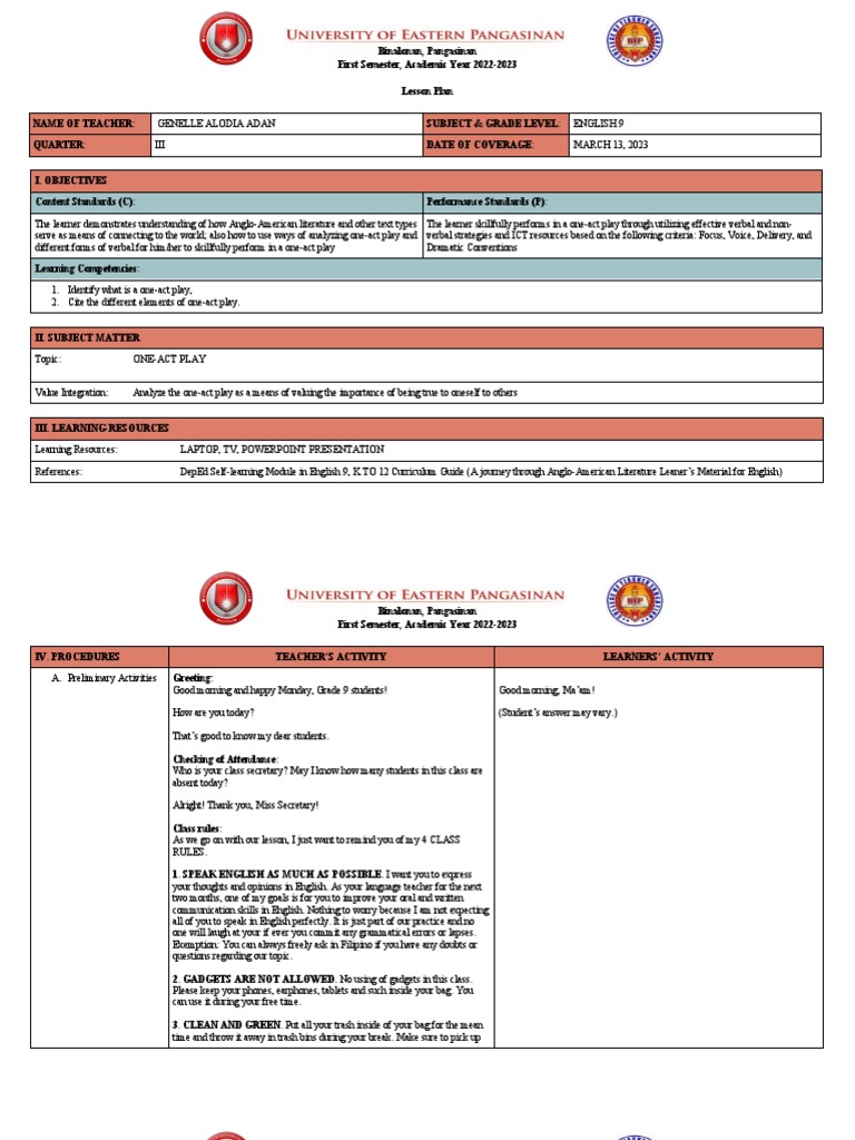 English 9 One-Act Play Lesson Plan | PDF | Plot (Narrative) | Reading ...