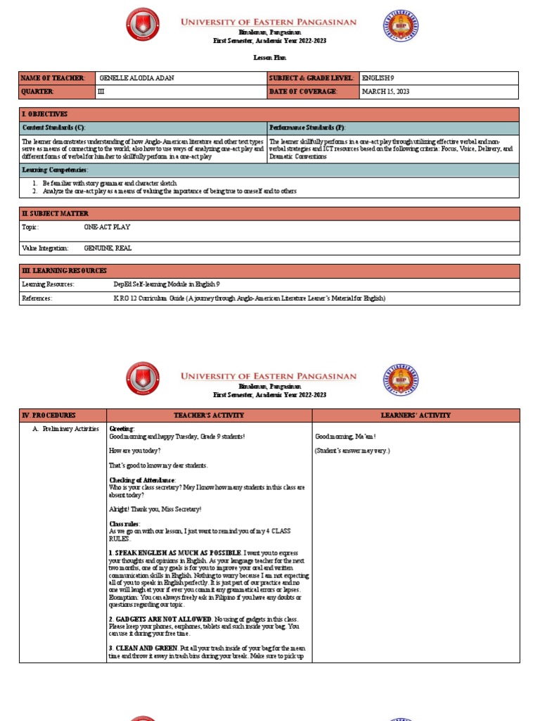 DLP One-Act-Play March 15, 2023 | PDF | Plot (Narrative) | Reading Comprehension