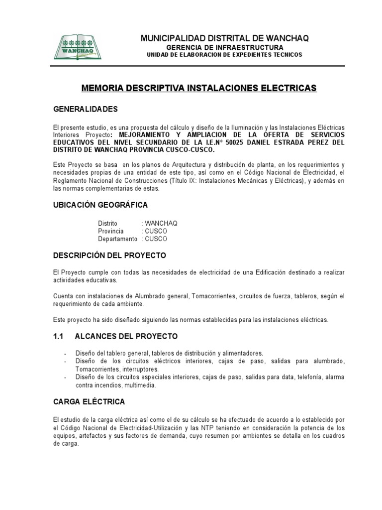 Memoria Descriptiva y Especificaciones Tecnicas Electricas | PDF | Enchufes y tomas de corriente ...
