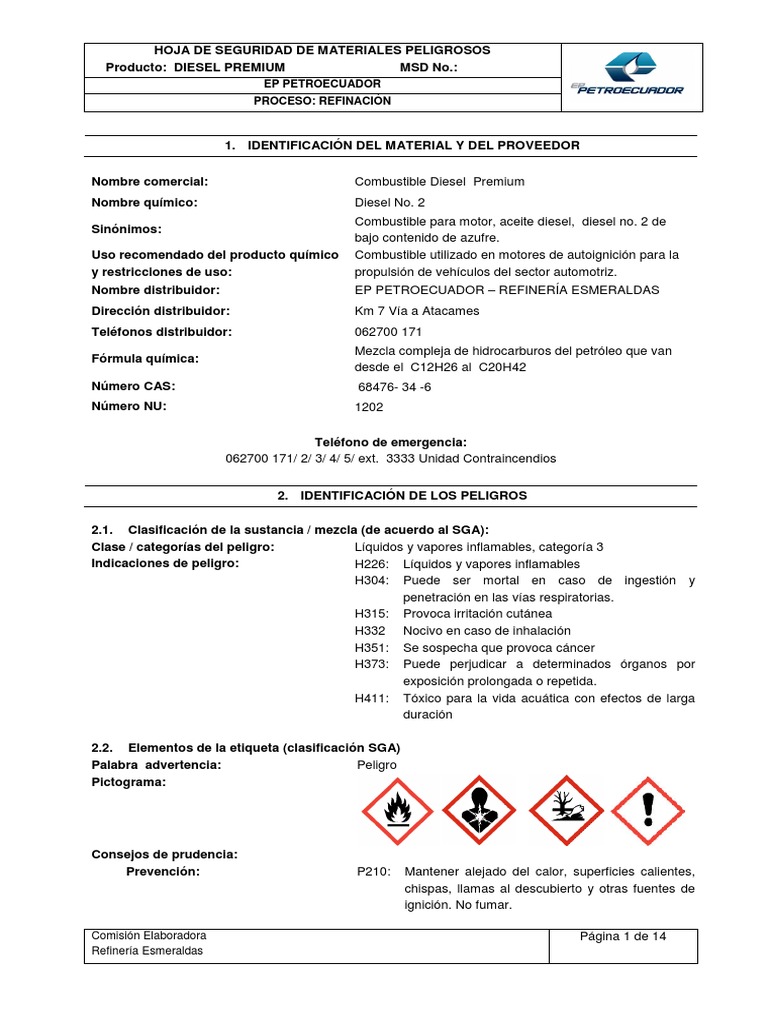 Hoja de Seguridad Diesel Premium | PDF | Residuos | Agua