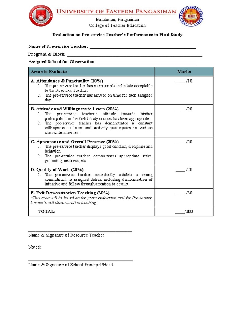 Evaluation On Pre-Service Teacher's Performance in Field Study | PDF