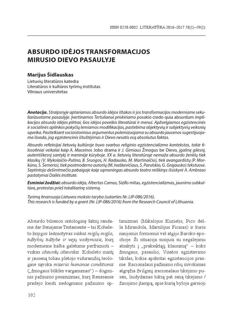 Absurdo Idejos Transformacijos Mirusio Dievo Pasau | PDF