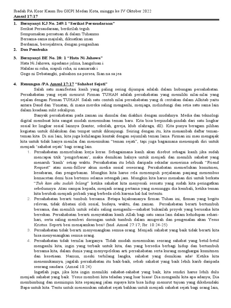 Ibadah PA Koor Kaum Ibu Amsal 17 Ayat 17 | PDF