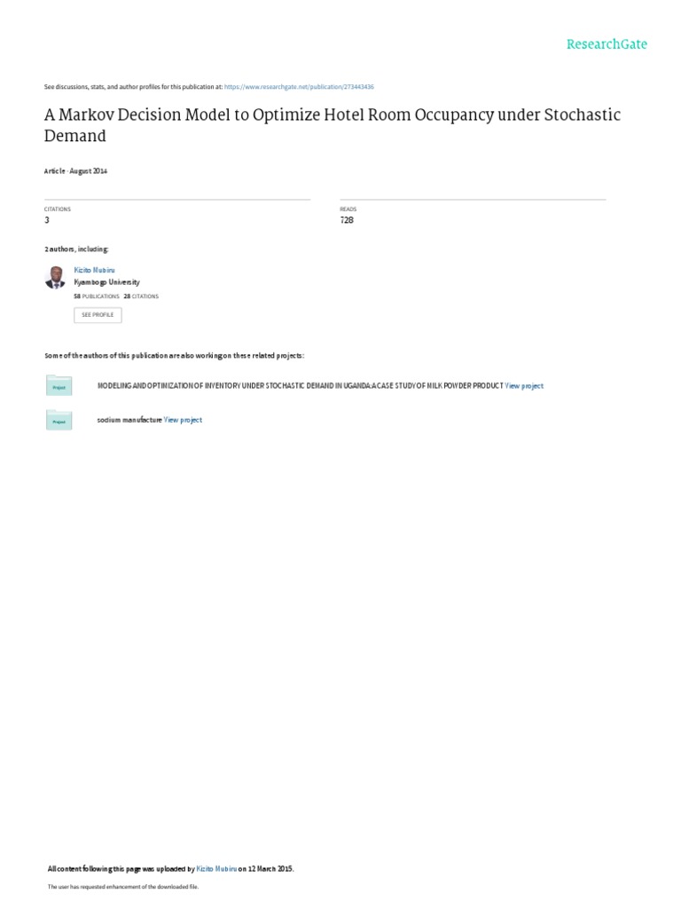 A Markov Decision Model To Optimize Hotel Room Occupancy Under Stochastic Demand | PDF | Monte ...
