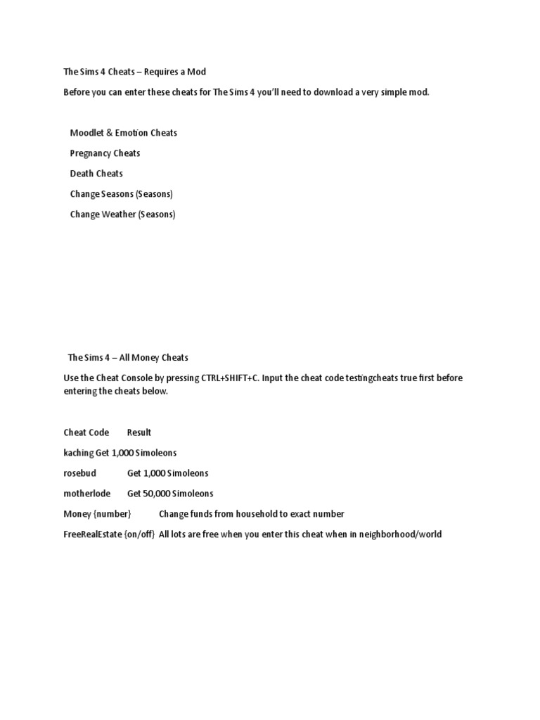 Sims 4 Cheats 3 PDF | Download Free PDF | Cheating In Video Games