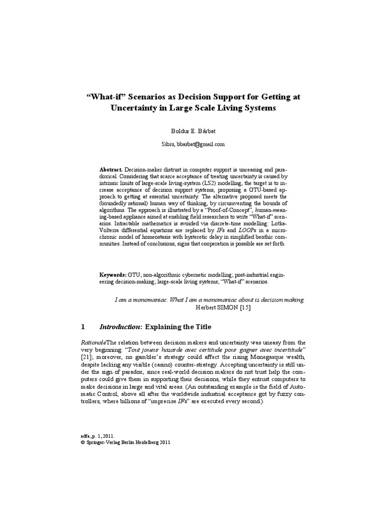 "What-If" Scenarios As Decision Support For Getting at Uncertainty in Large Scale Living Systems ...