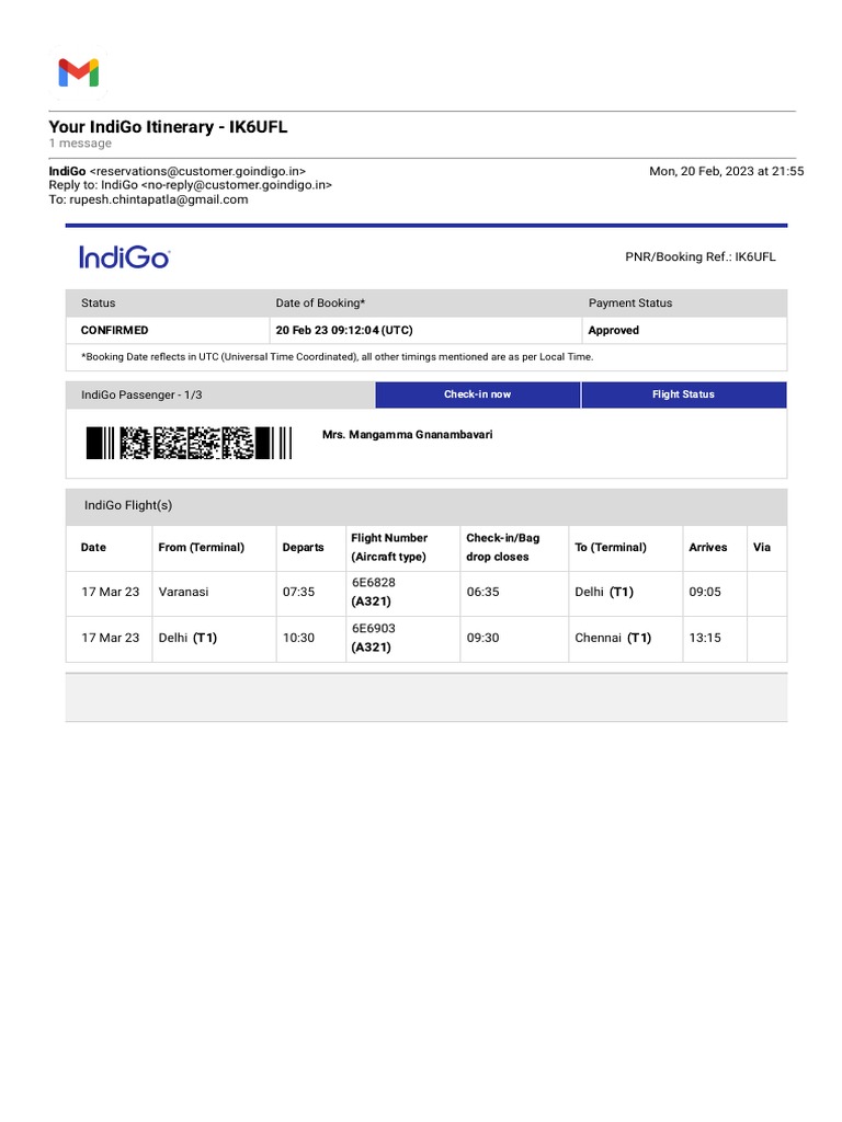 IndiGo Itinerary - IK6UFL Incoming | PDF | Airport | Aviation