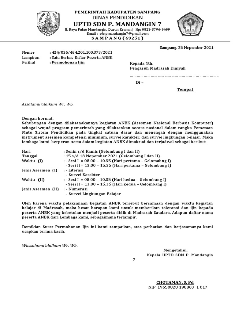 Permohonan Izin untuk Peserta ANBK | PDF