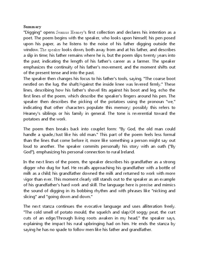 Summary of The Poem Digging | PDF | Poetry