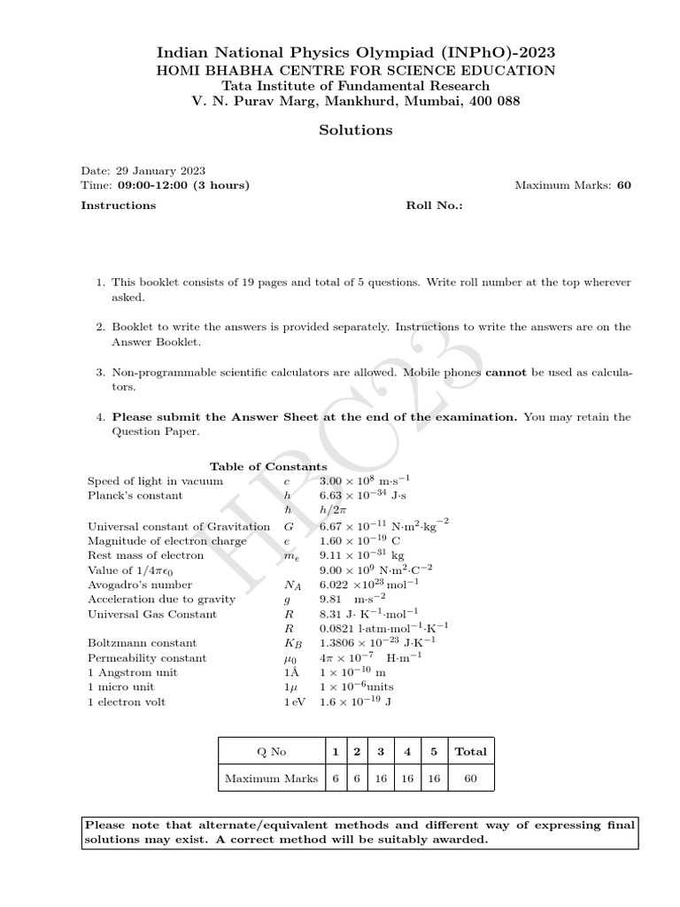 INPhO 2023 Question Paper and Solutions | PDF | Photoelectric Effect ...