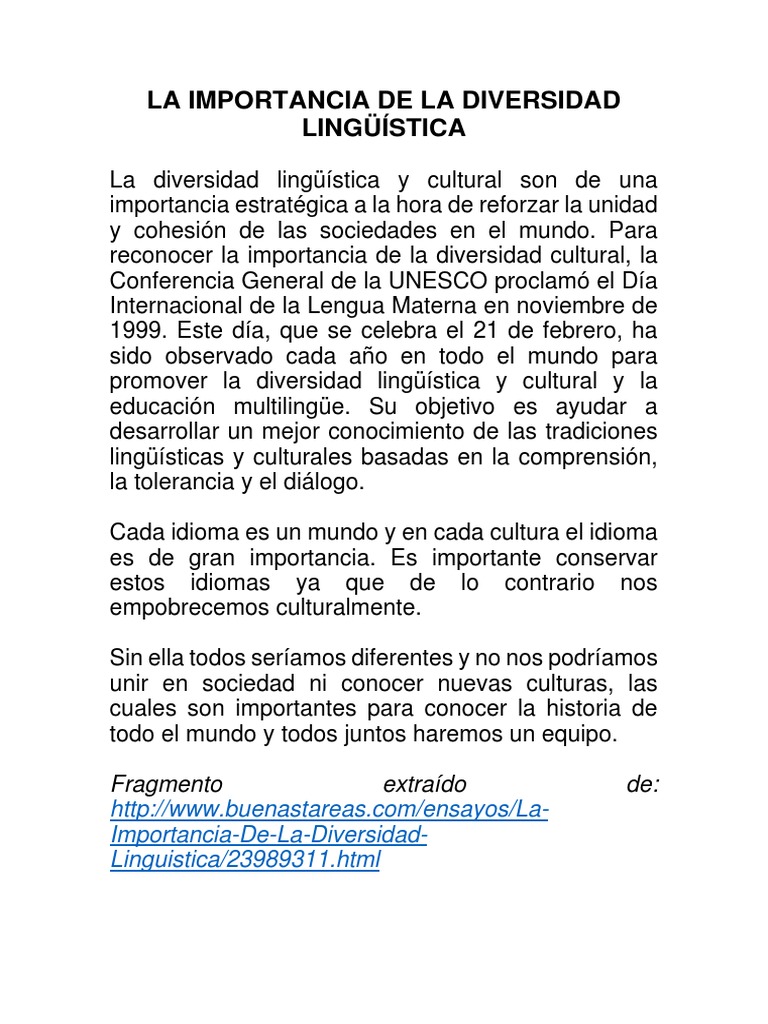 La Importancia de La Diversidad Lingüística | PDF | Viajes y turismo ...