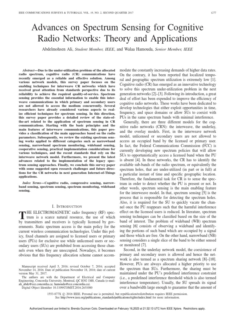 Advances On Spectrum Sensing For Cognitive Radio Networks Theory And Applications Pdf