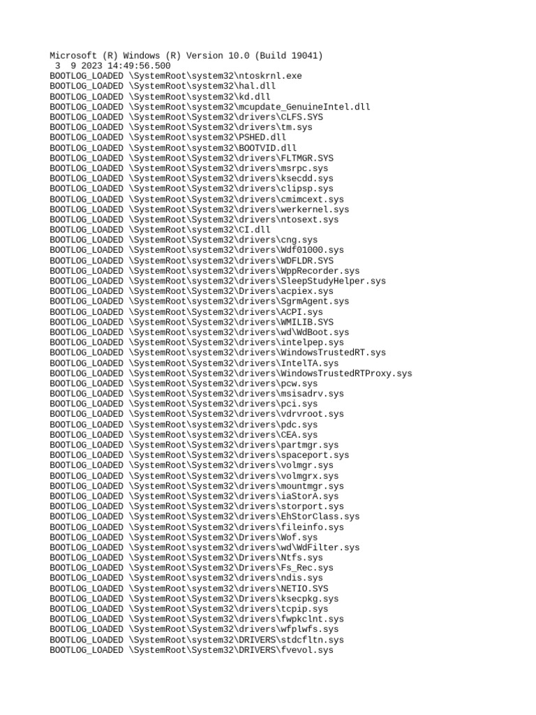 Windows 10 boot log documenting the loading of system drivers and files during the startup ...