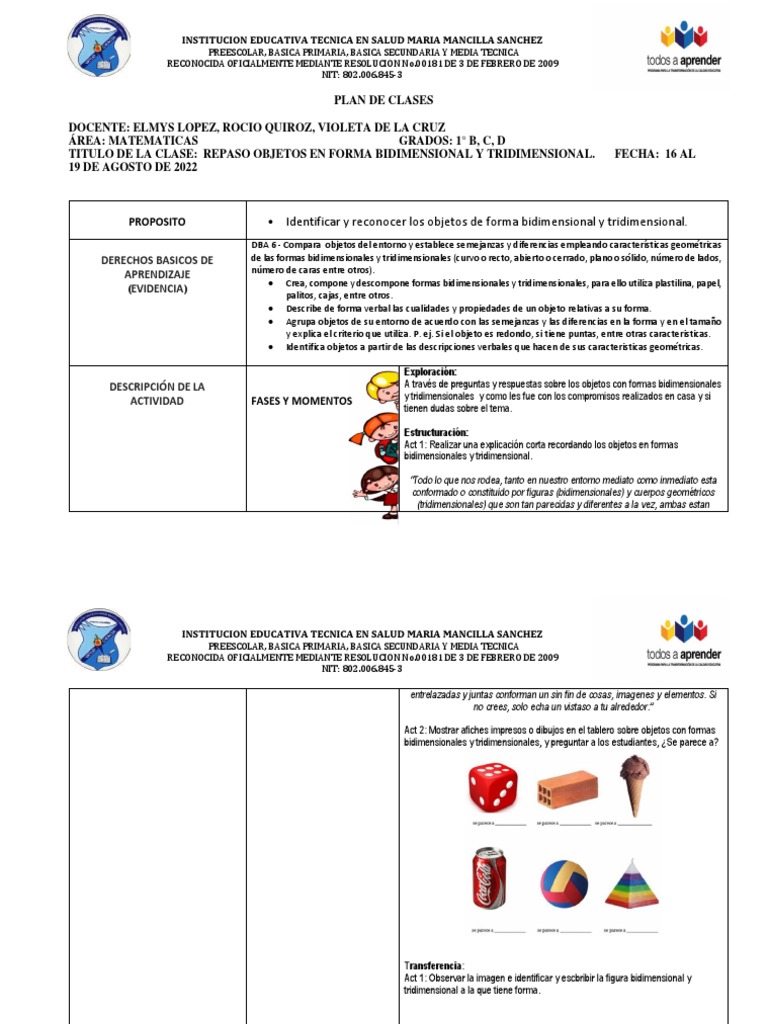 Plan de Clases 1° Grado Repaso Forma Bidimensional y Tridimencional PDF | Descargar gratis PDF ...