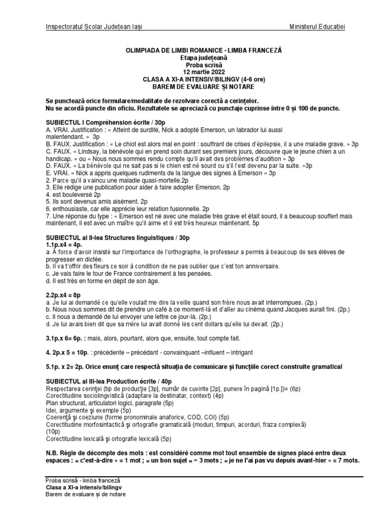 Barem - Limba Franceza - Clasa A Xi A - 4 6 Ore | PDF | Invalidité