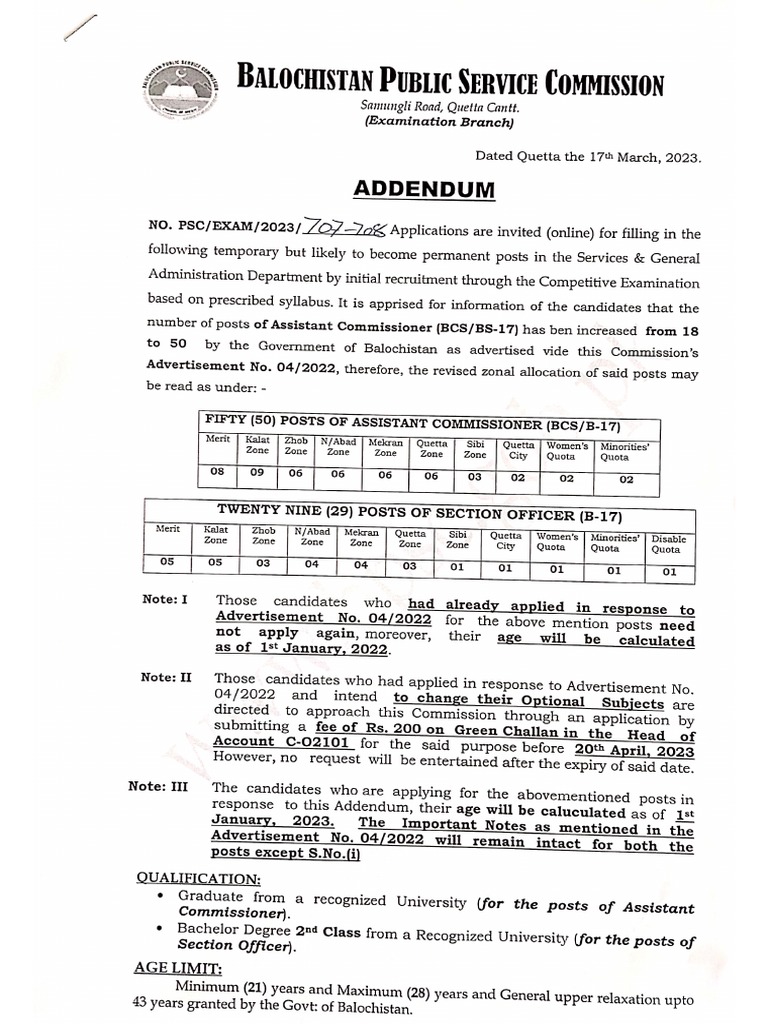 Addendum For AC & SO Vide Advertisement No. 04-2022 On 17-03-2023 PDF | PDF